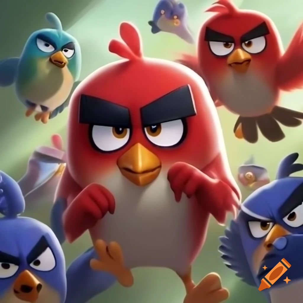 Furious Red from Angry Birds with flying feathers in action pose on Craiyon