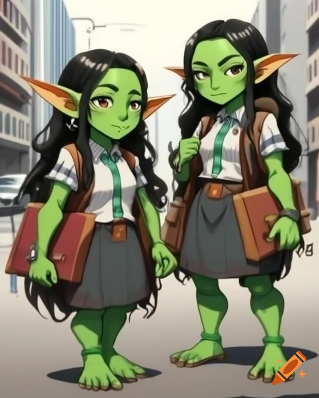 Anime scene of two green-skinned goblin girls in a city, one in ...