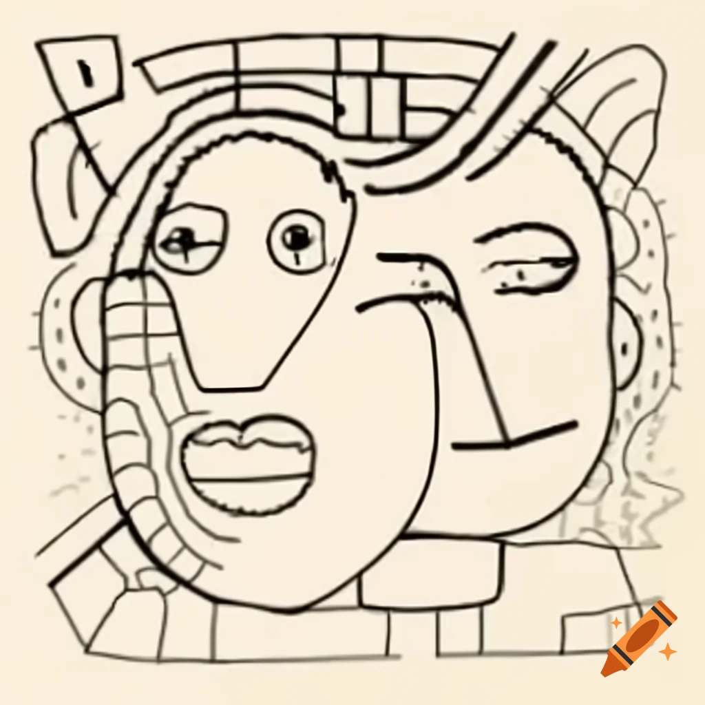 Abstract line drawing of a laughing face in cubism and expressionism ...
