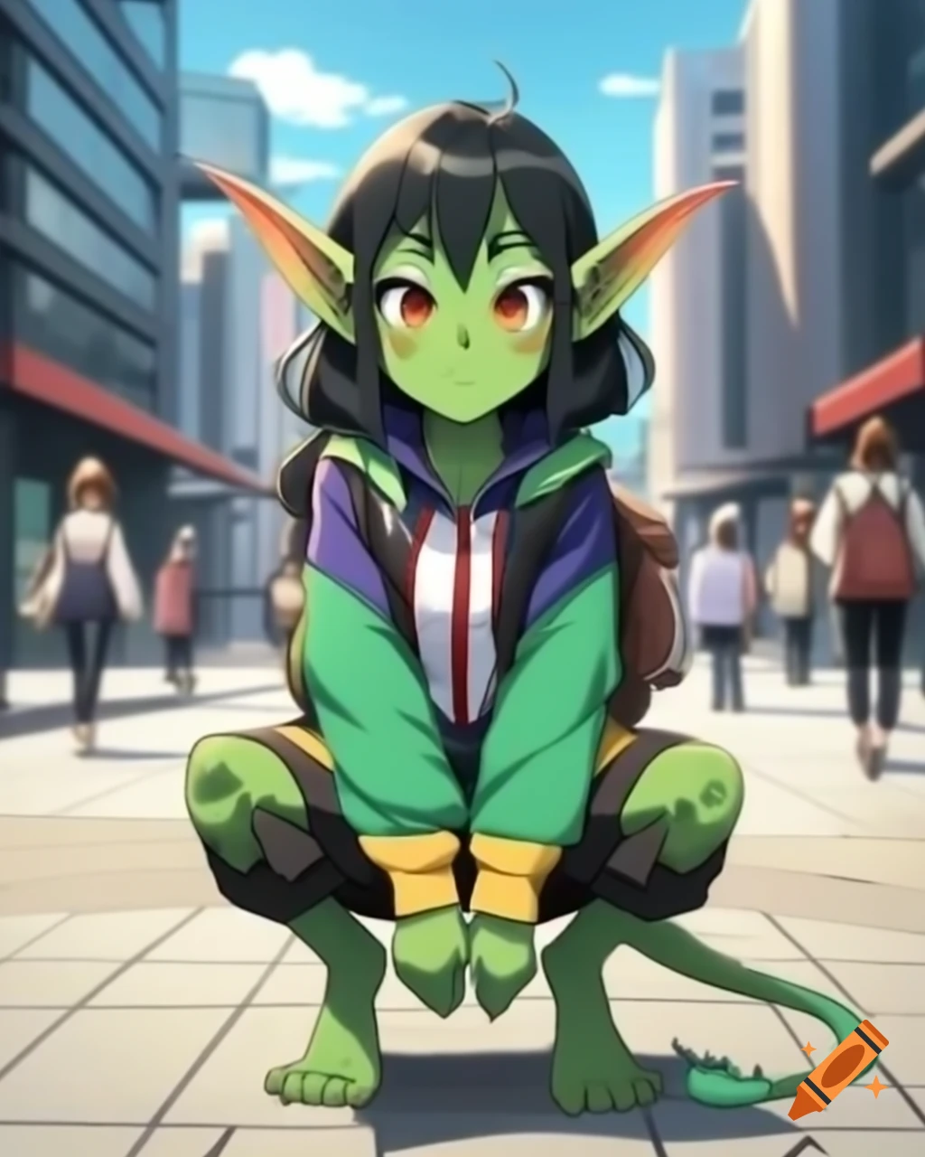 Anime goblin girl in college jacket sitting in busy modern city on Craiyon