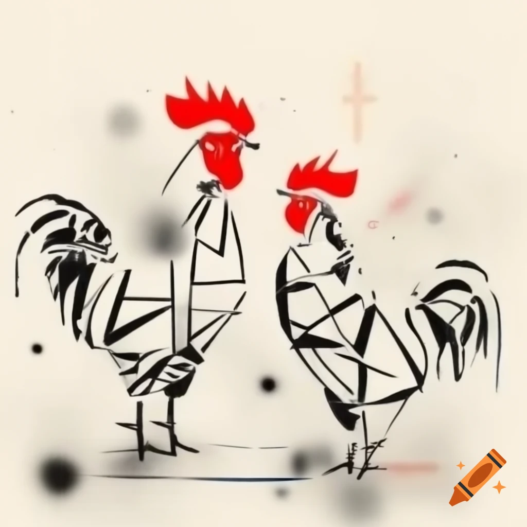 Abstract line drawing of two colorful roosters in Mondrian and Pollock ...