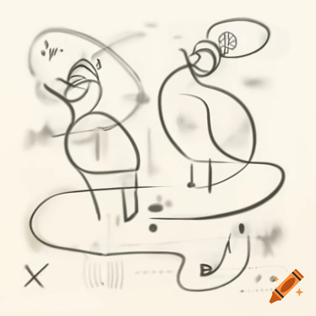 Abstract line drawing of two laughing figures with peacock tails in ...