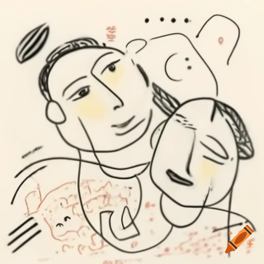 Abstract line drawing of two laughing figures with peacock tails in ...