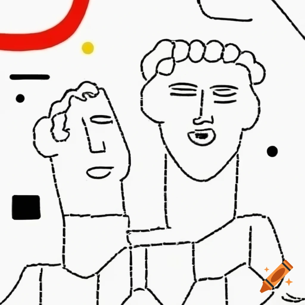 Abstract line drawing of two laughing profiles in Mondrian and ...