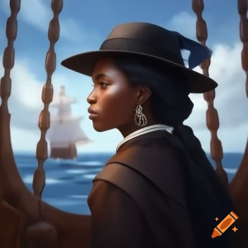 African-American female pilgrim looking at the sky on a ship on Craiyon