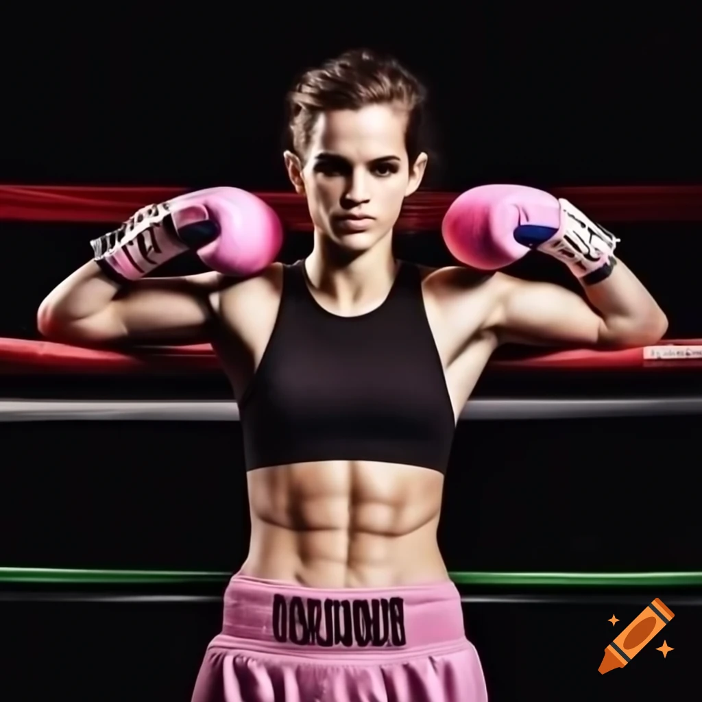 Muscular woman in boxing ring flexing biceps wearing black trunks and ...