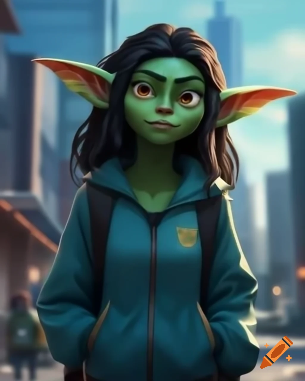 Barefoot green-skinned goblin girl in college jacket in modern city ...