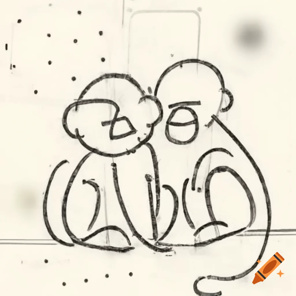 Abstract line drawing of two laughing monkeys in expressive style on ...