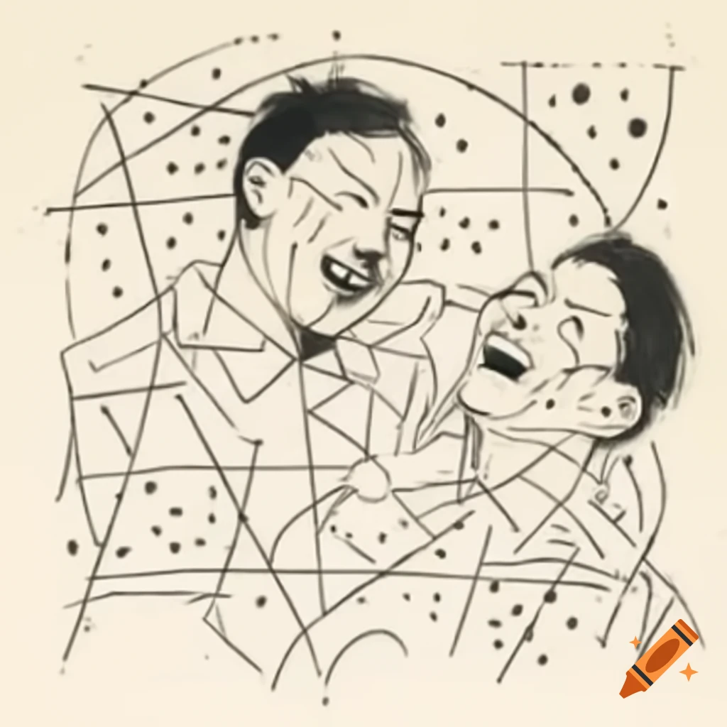 Abstract expressionist drawing of two laughing profiles with geometric ...