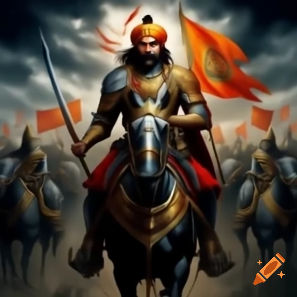 Hindu Maratha king in royal armor on warhorse leading army with ...