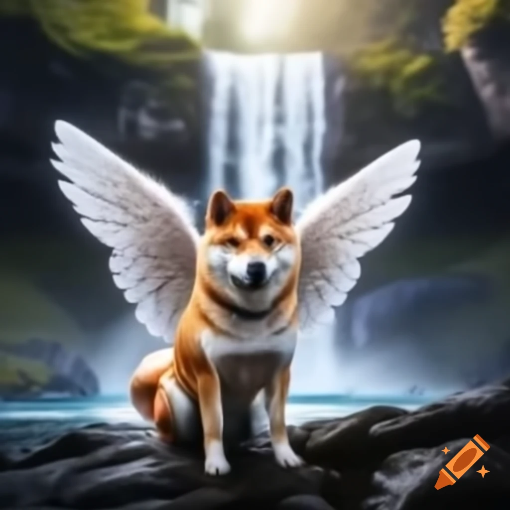 Shiba Inu with angel wings in front of a waterfall on Craiyon