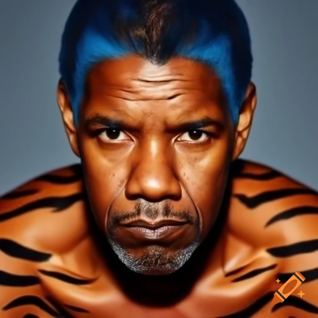 Muscular man with tiger-style makeup and colorful hair on Craiyon