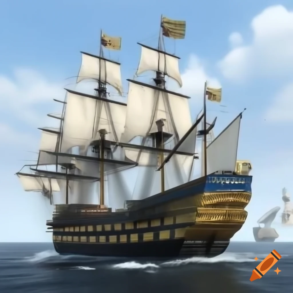 1700s British blue galleon ship with cannons and white sails on Craiyon