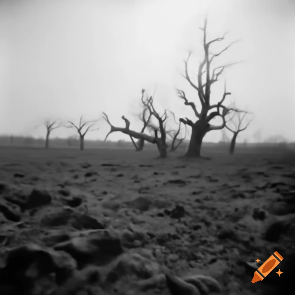 Post-war field with broken trees remnants from World War II on Craiyon
