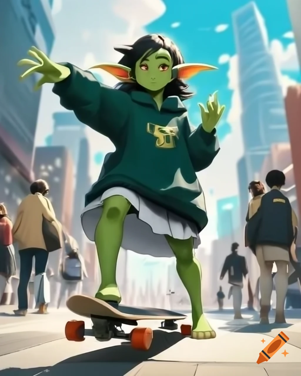 Green-skinned goblin girl in college jacket skateboarding in busy city ...