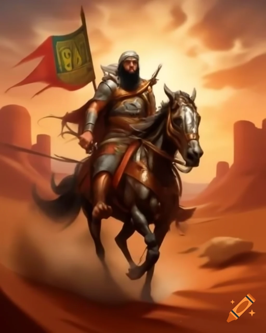 Muslim warrior in Mamluk armor riding horse in desert with Islamic ...