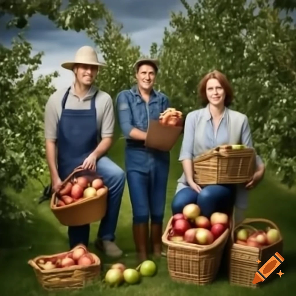 Man and woman picking apples and filling baskets in orchard on Craiyon