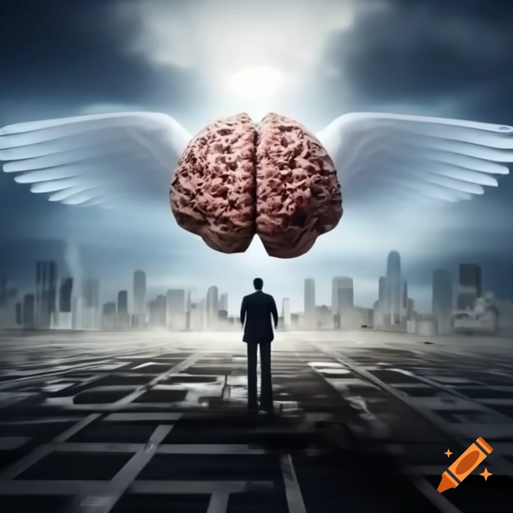 Human brain with wings flying from ruined city to bright futuristic ...