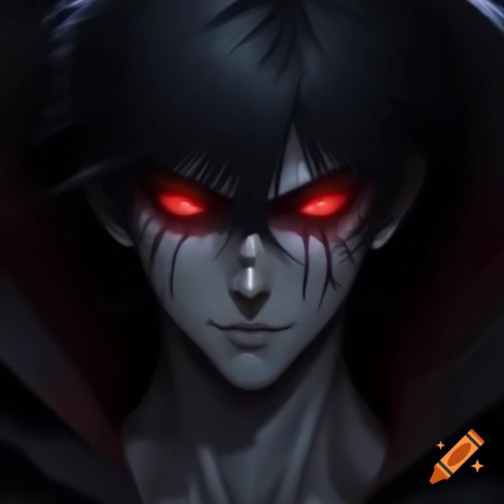 Anime character with dark gray skin and red eyes in a shadowy ...