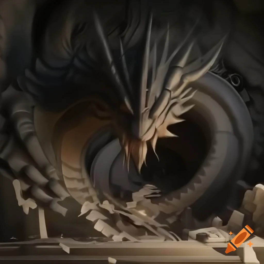 Epic anime scene of spiked cave with destroyed dragon carving on Craiyon