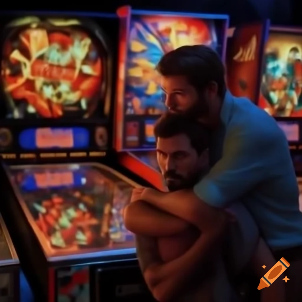 Two men with beard and moustache hugging while playing on a pinball ...
