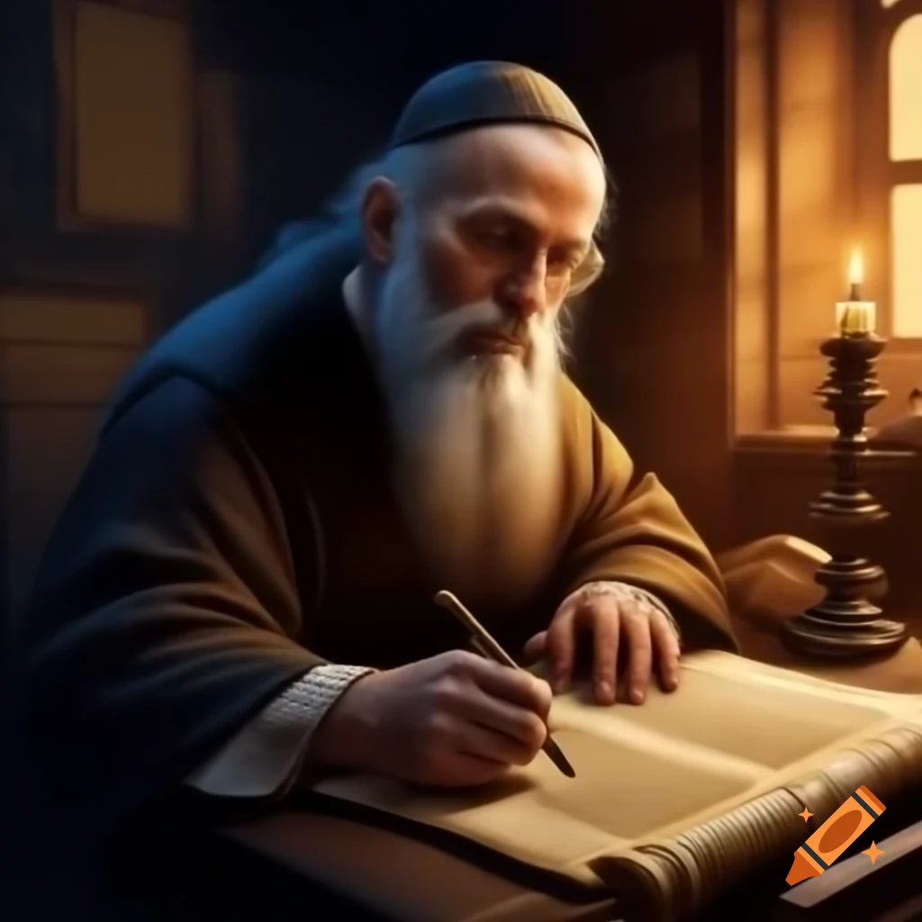 Scribe writing Torah scroll by candlelight in realistic style on Craiyon