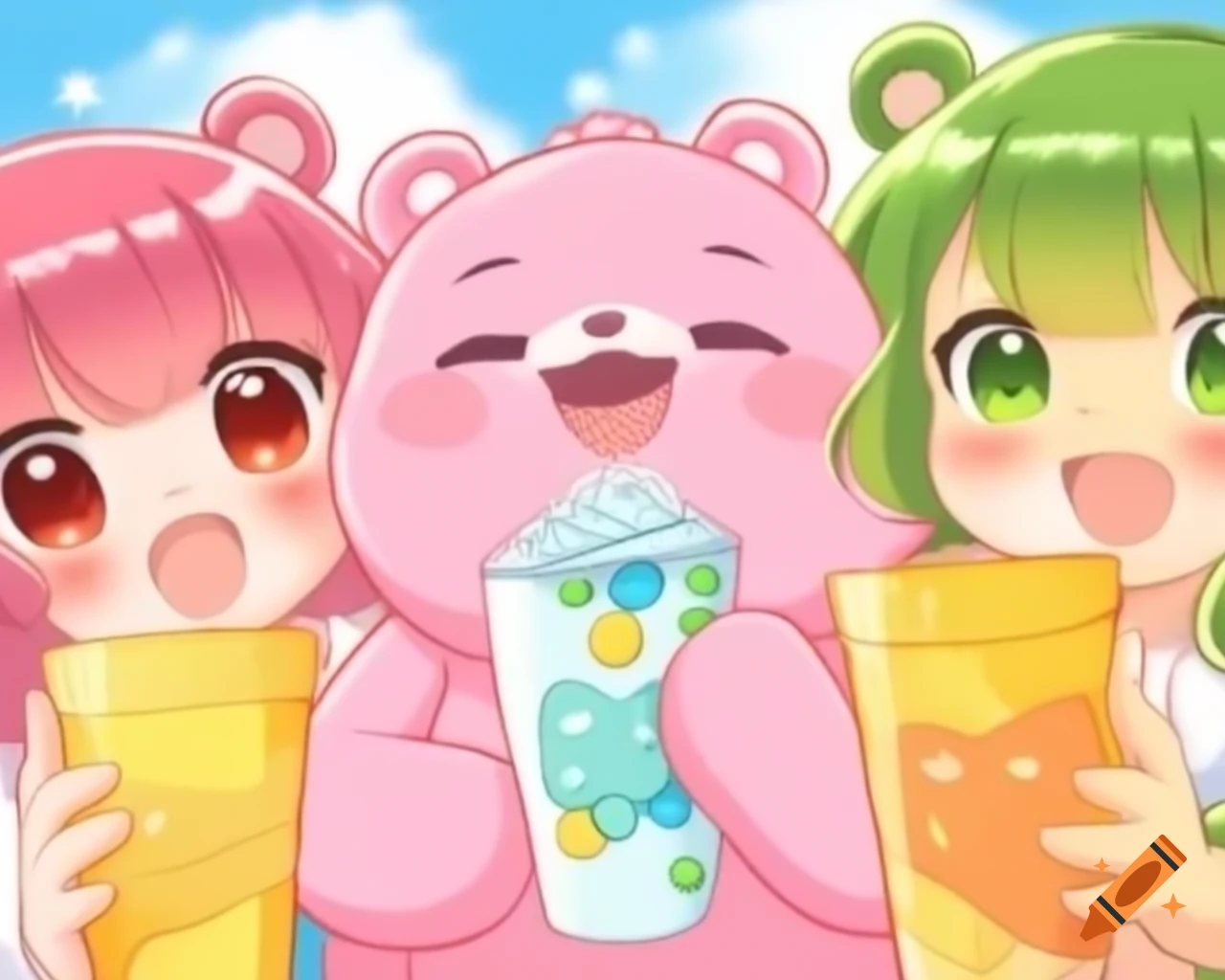 Anime-style gummy bears enjoying a candy milkshake on Craiyon