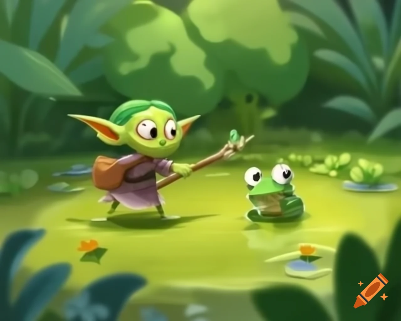 Anime goblin girl chasing frog in lush garden pond on Craiyon