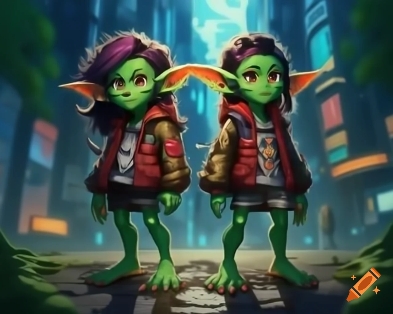 Energetic green-skinned goblin girls in punk jackets exploring ...