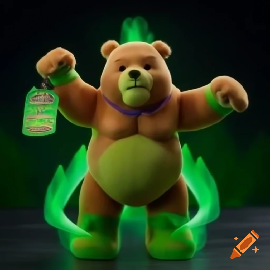 Teddy bear flexing biceps with WWE title next to green alien on Venus ...