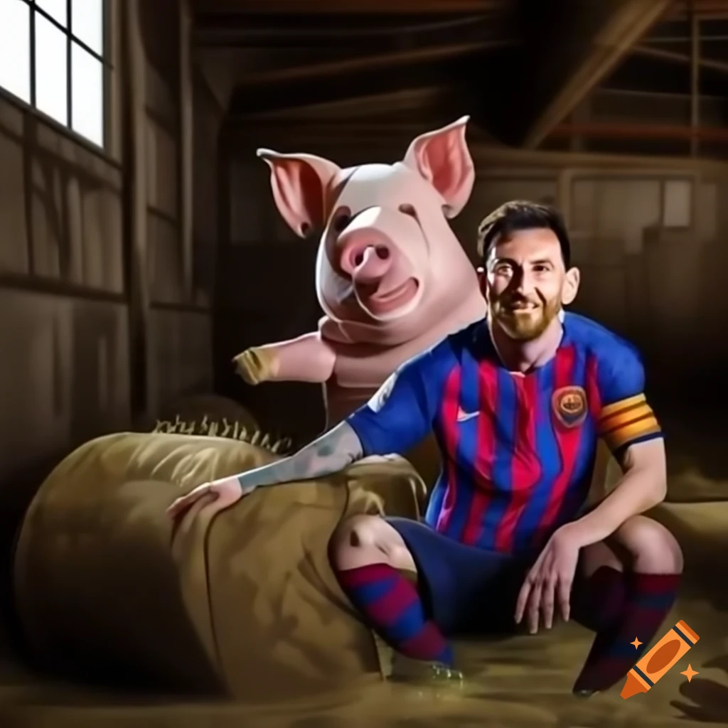 Lionel Messi in Barcelona jersey sitting on pig in rustic barn, fishing ...
