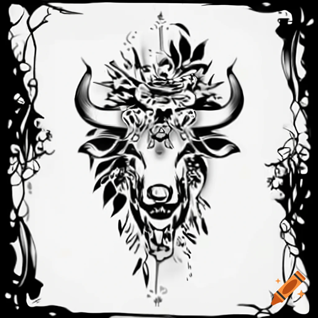 Zodiac female Taurus tattoo stencil with floral horns in black lines on ...