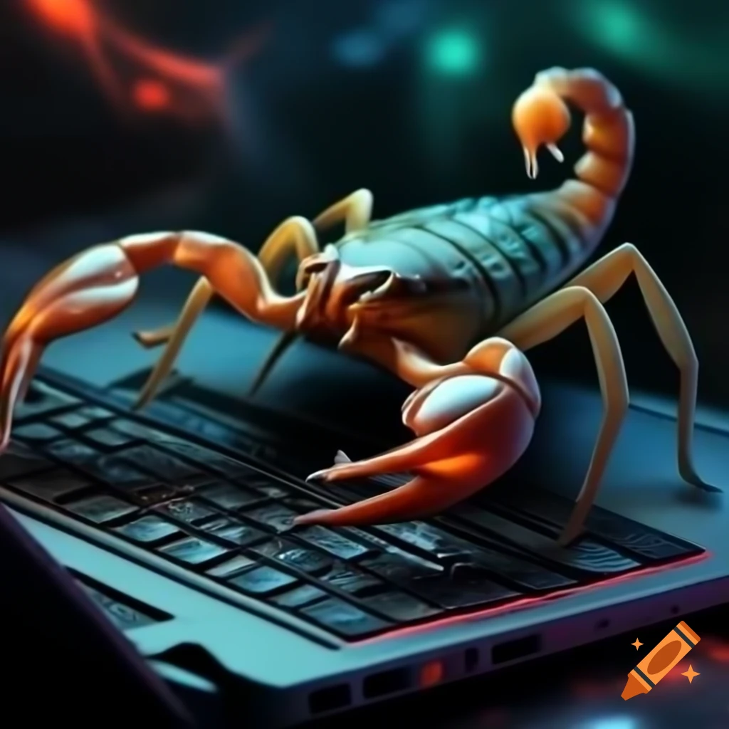Scorpion using a laptop, showcasing gamer skills on Craiyon