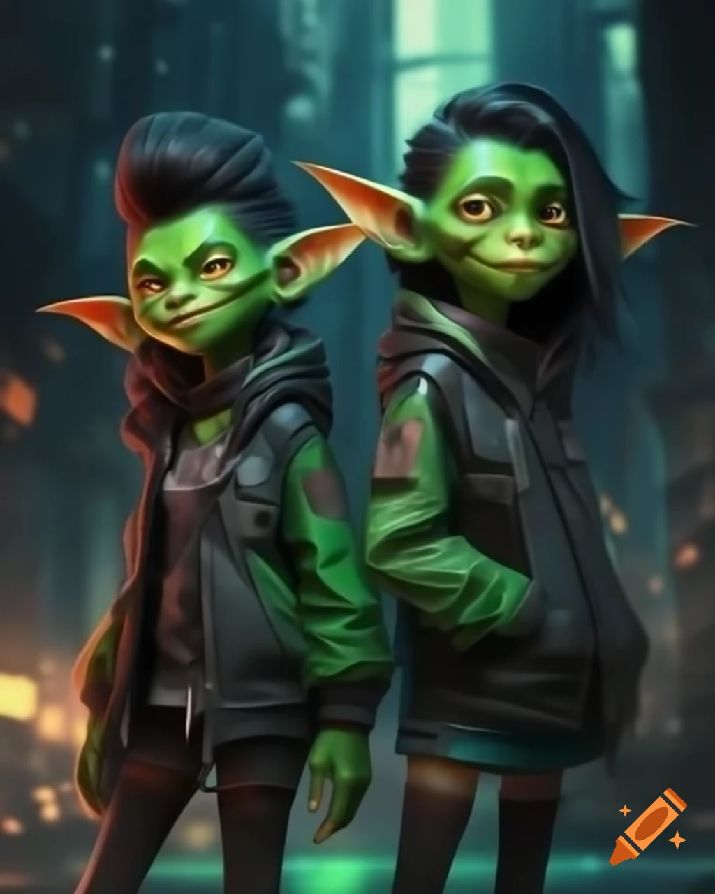 Energetic green-skinned goblin girls in punk jackets exploring ...