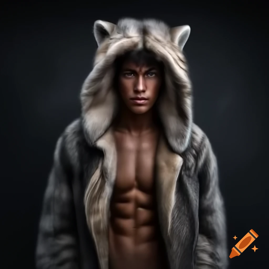 Young man dressed in full-body wolf pelt coat on Craiyon