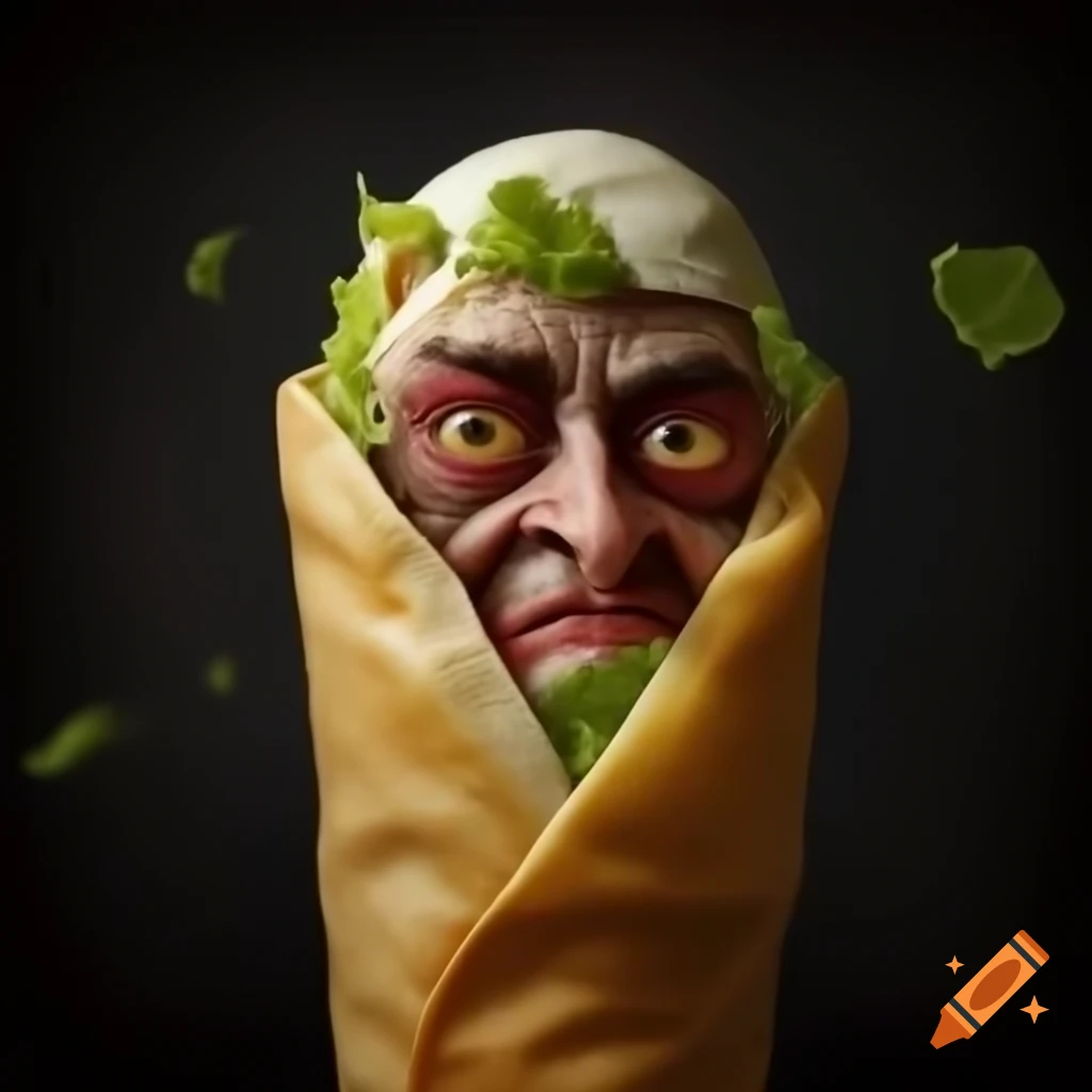 Cheeky wizard humorously trapped inside a burrito on Craiyon