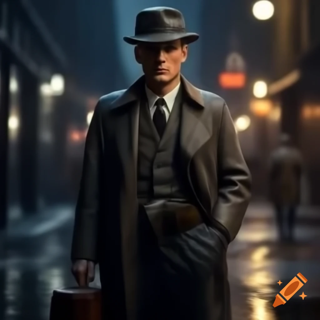1940s detective walking in lighted city on rainy night on Craiyon
