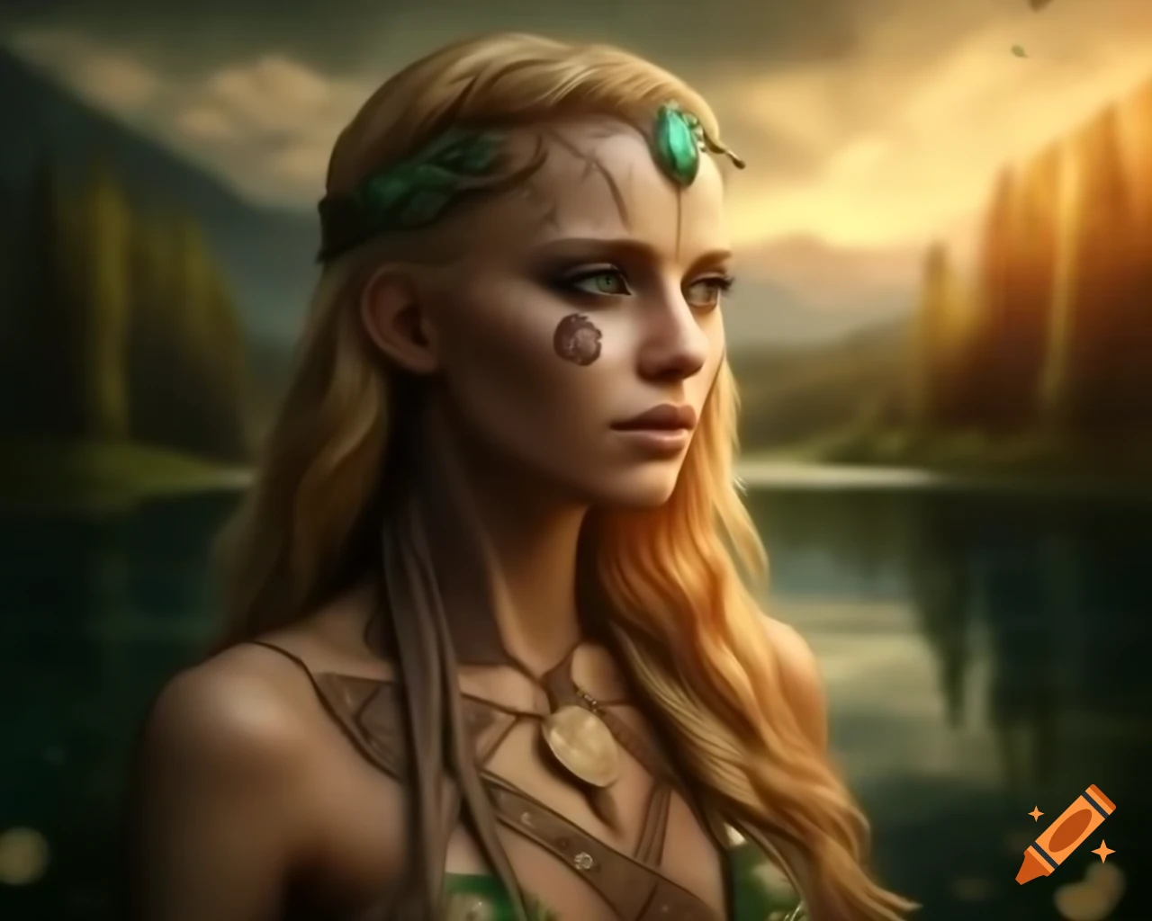 Norse/Celtic woman in earth-toned robes at serene mountain lake on Craiyon