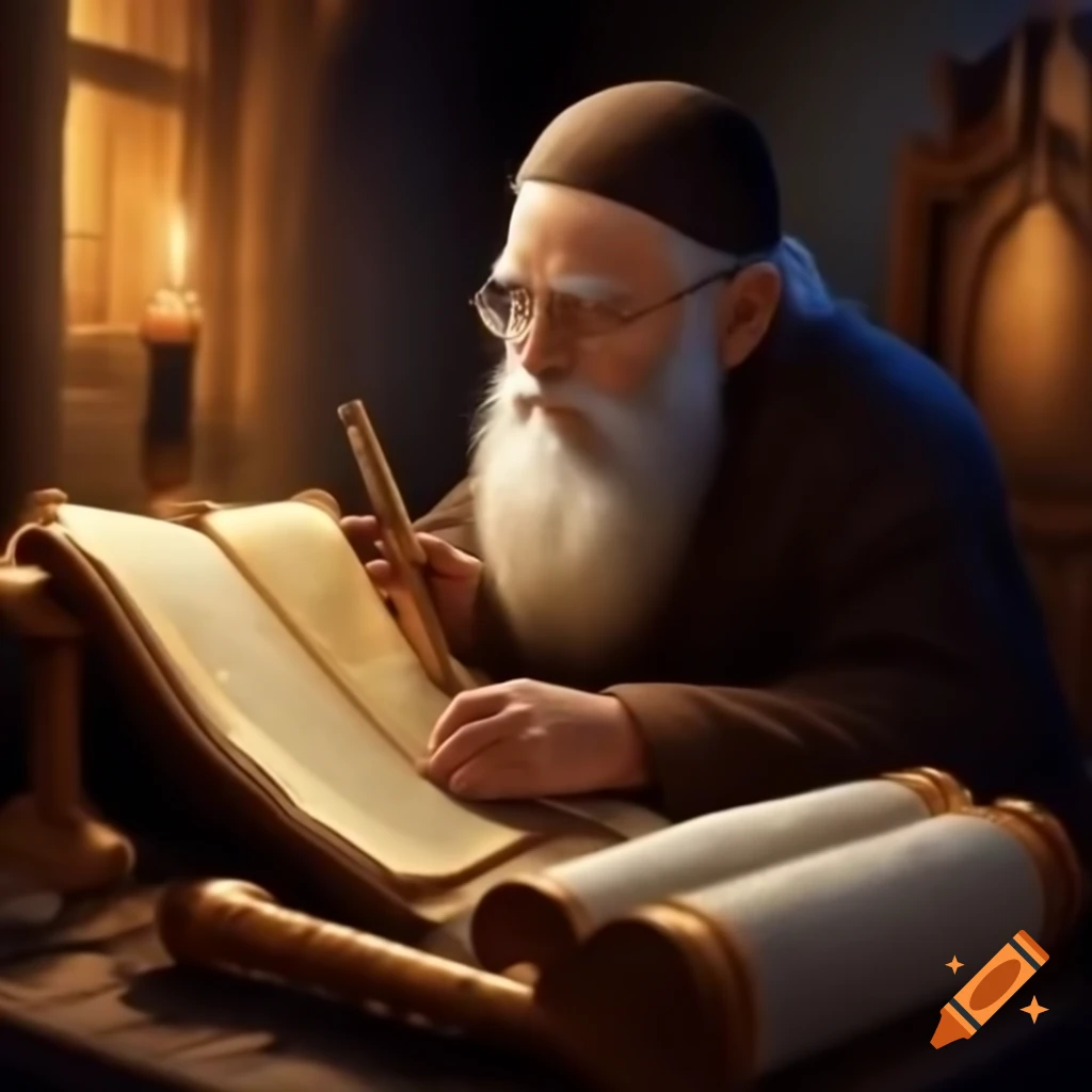 Scribe writing Torah scroll by candlelight in realistic style on Craiyon