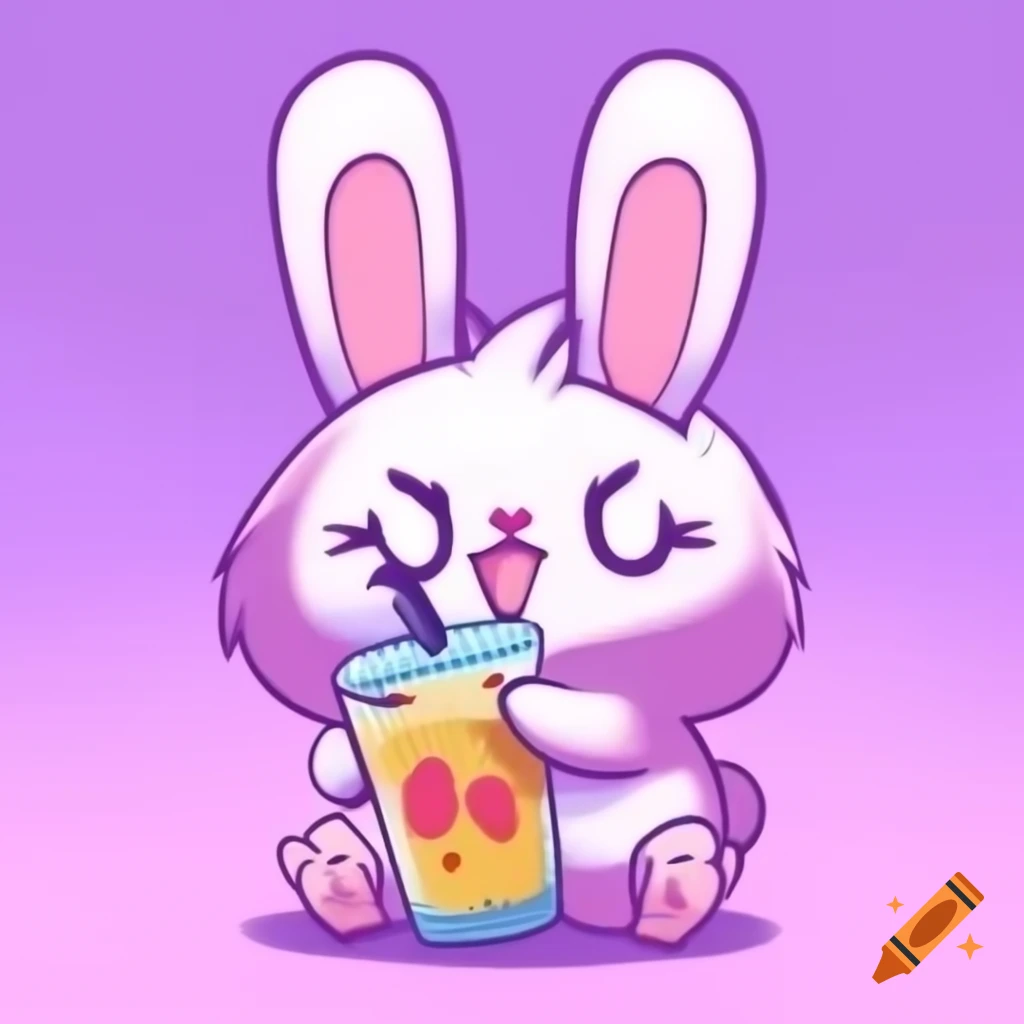 Cute pink anime bunny drinking purple boba tea in chibi style on Craiyon