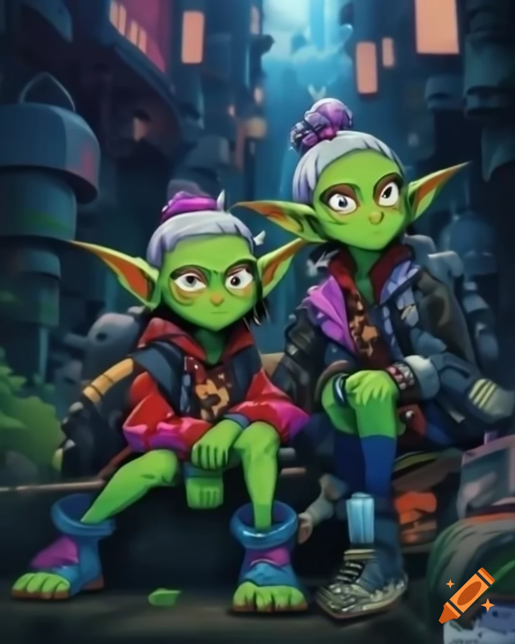 Energetic green-skinned goblin girls in punk jackets exploring ...
