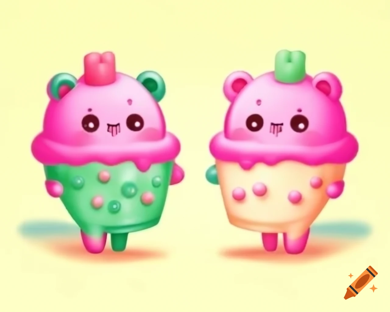 Bubblegum pink and pastel green gummy bears sharing whimsical candy ...
