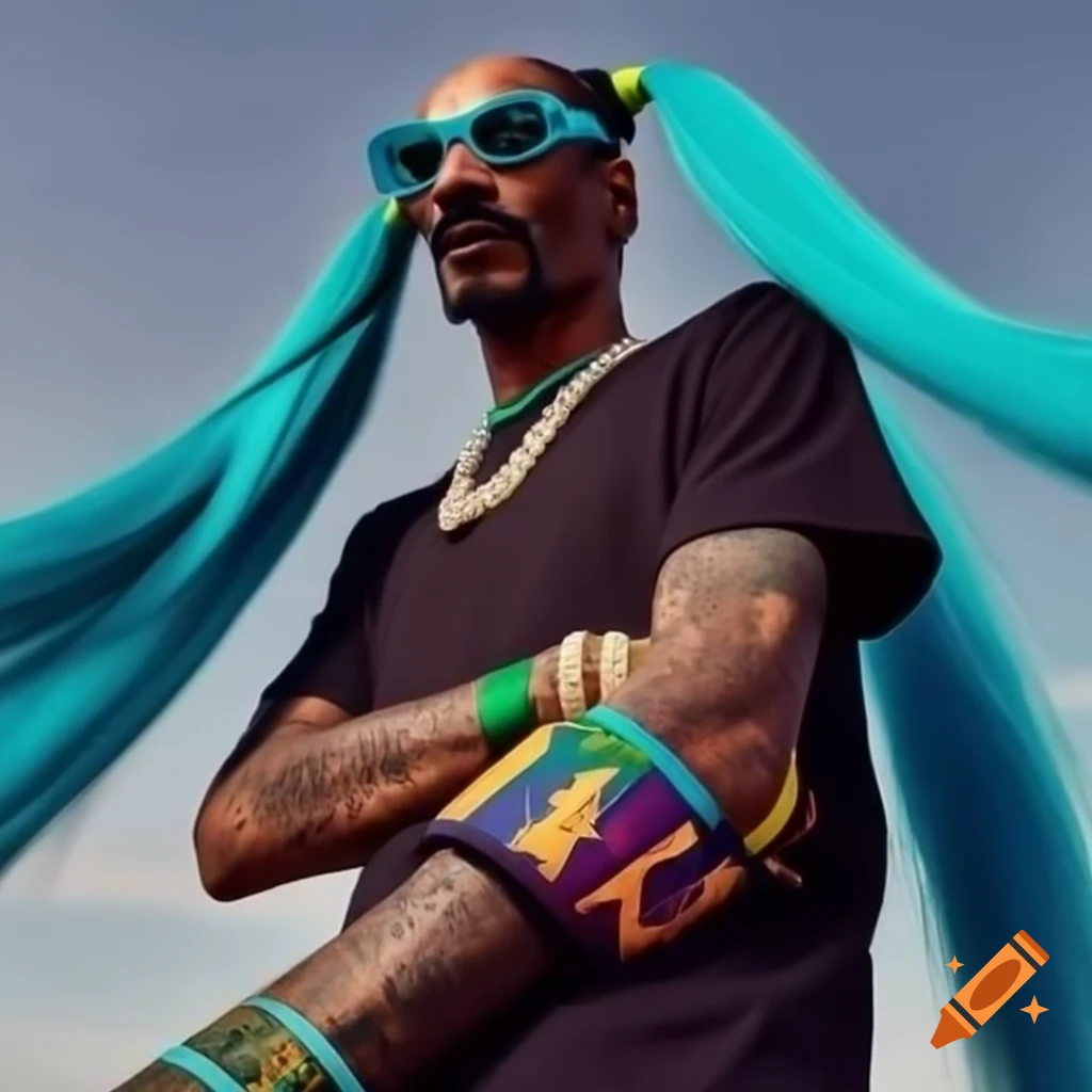 Snoop Dogg dressed as Miku, blending hip-hop and anime styles on Craiyon
