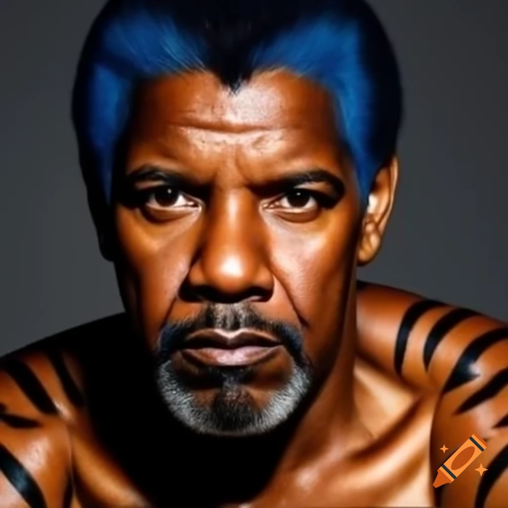 Muscular man with tiger-style makeup featuring blue hair, orange skin ...
