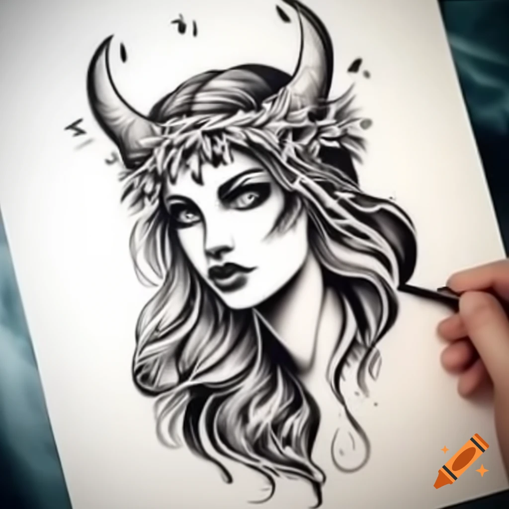 Detailed tattoo stencil of Goddess with horn-wreathed hair and striking ...