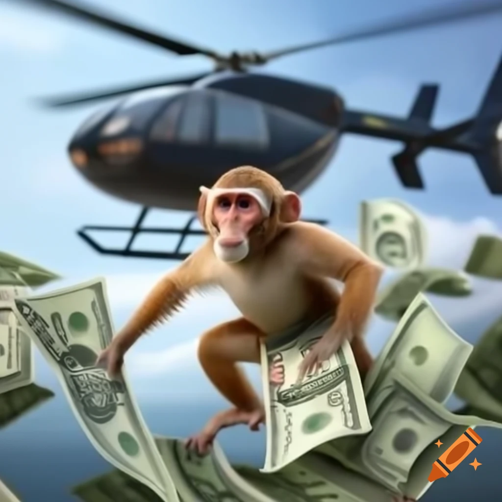 Monkey stealing money from bank and flying away in helicopter on Craiyon