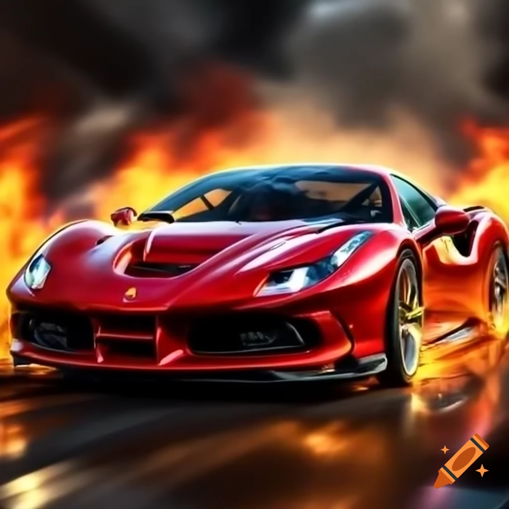 Ferrari driving with flames, showcasing speed and excitement on Craiyon