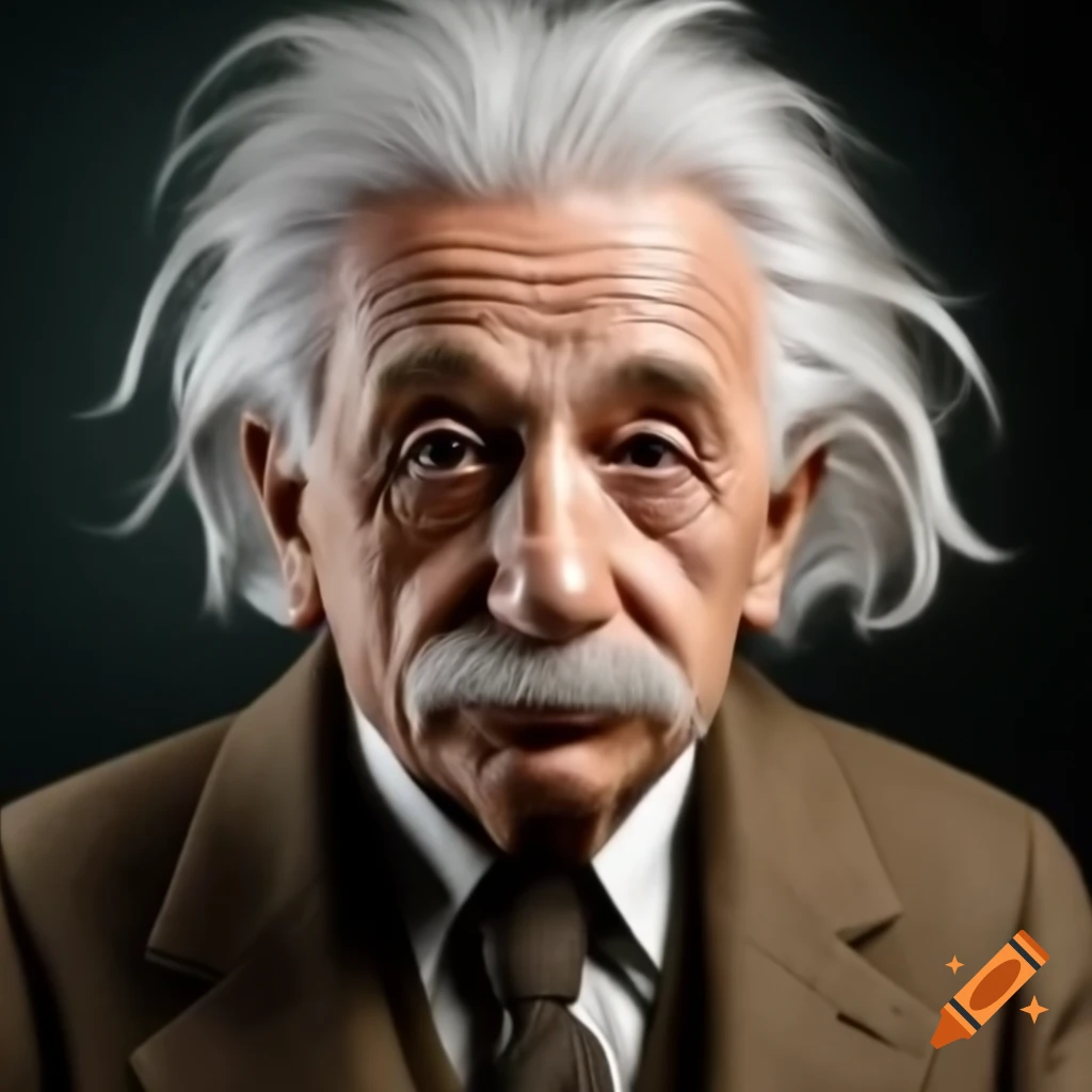 Photorealistic portrait of Albert Einstein, age 60, in brown tweed suit ...