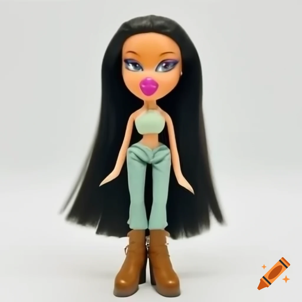 Cartoon Bratz doll with black hair, light green crop top, and brown ...