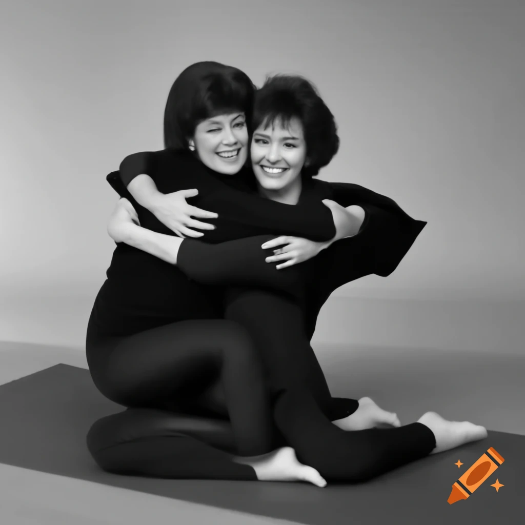 Two women instructors in 1986 yoga show posing in black turtlenecks and ...